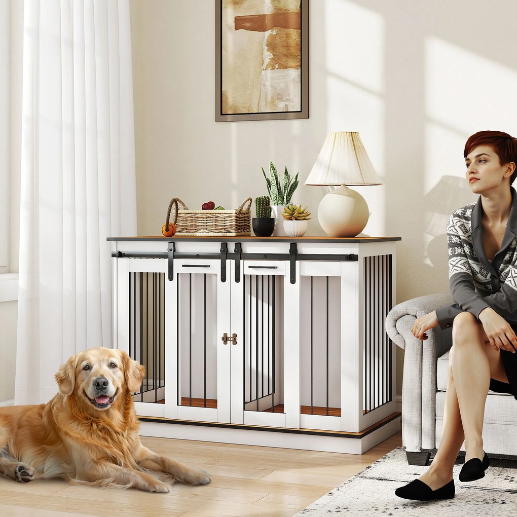PawHut Klec pro psy se 2 dvířky, box pro psy, přepravní box pro psy, rustikální design, uzamykatelný, bílá barva
