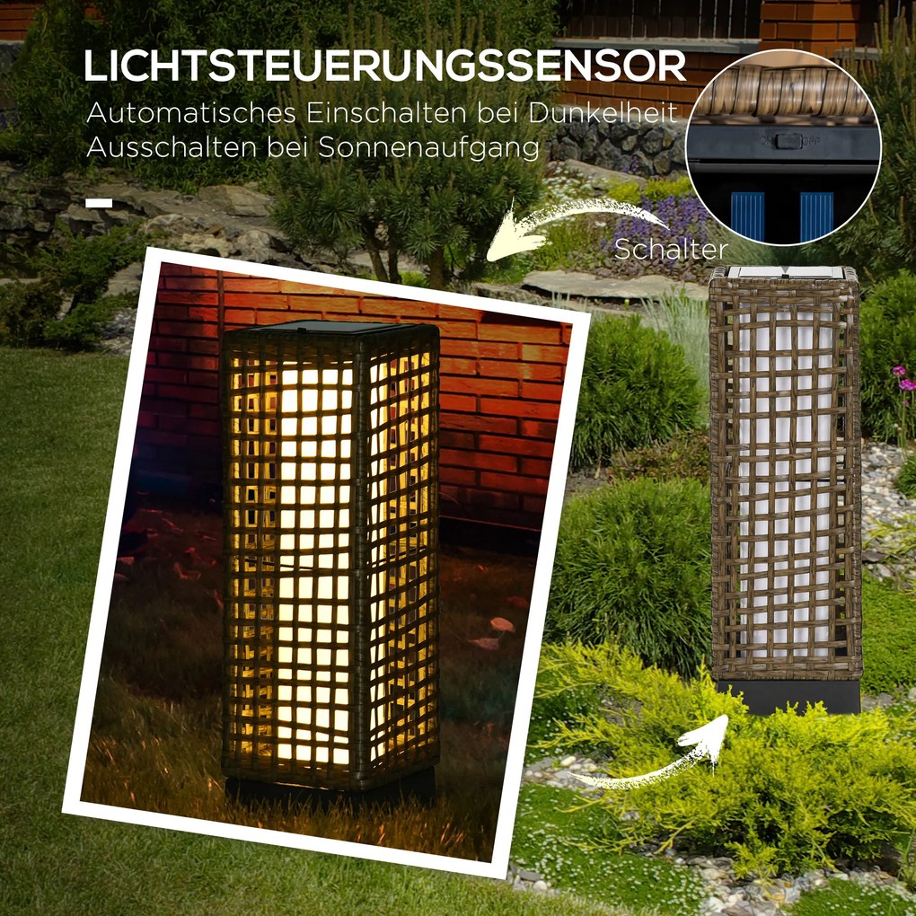 Outsunny solární lampa ratan, vodotěsná, se světelným senzorem, LED venkovní světlo, 15,5x15,5x46cm