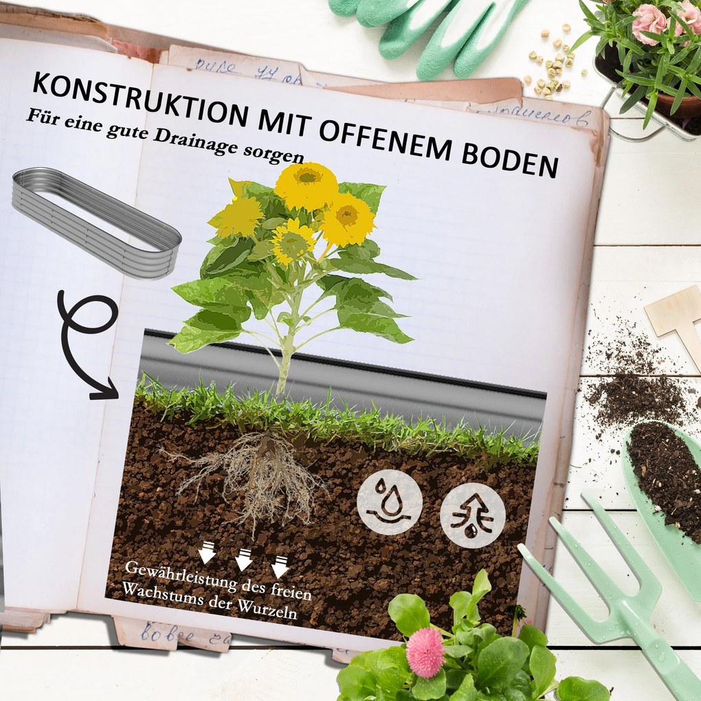 Outsunny Kovový Vysoký Záhon, Pěstební Box, Zahradní Záhon, DIY Pěstebník s Otevřeným Dnem, Bylinkový Záhon pro Zahradu, Balkon, Stříbrná 195 x 62 x …