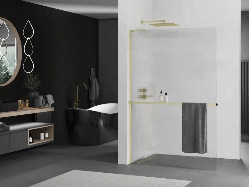 Mexen Kioto+ L, sprchová zástěna Walk-In s poličkou a věšákem 100 x 200 cm, 8mm sklo s žebrovým vzorem, zlatý lesklý profil, 800-100-123-50-09