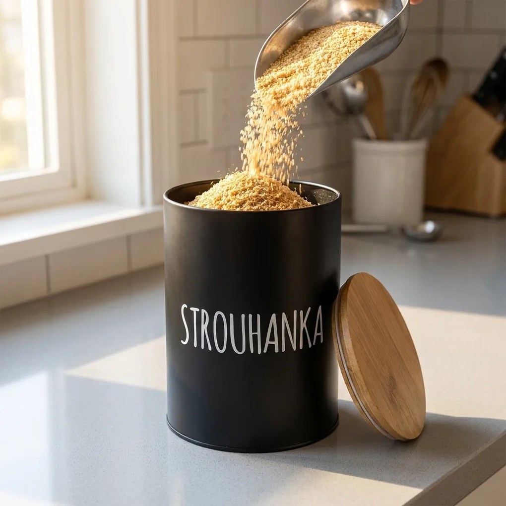 Orion Dóza na potraviny, plechová, černá, s bambusovým víkem, 1,3l, STROUHANKA