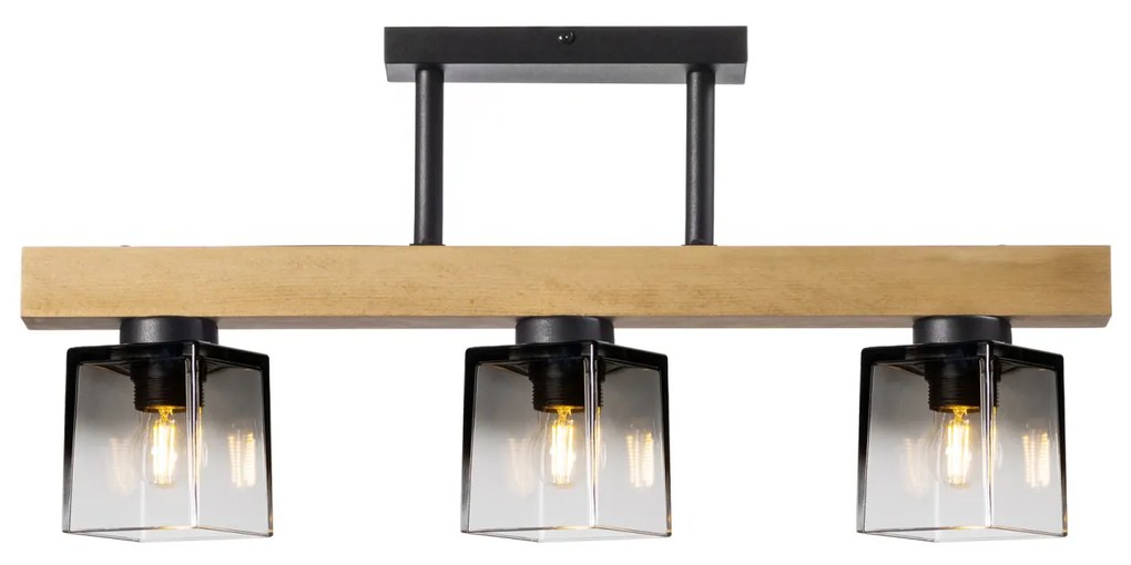 Light for home - Dřevěné přisazené k stropu svítidlo s unikátními skleněnými stínidly "Rustic Radiance" 40603, 3x60W, E27, černá, přírodní buk