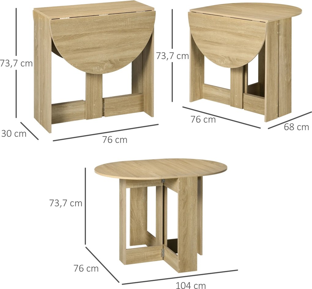 HOMCOM Skládací Jídelní Stůl Kuchyňský Stůl se 2 Sklopnými Křídly Skládací Stůl pro 2-4 Osoby 104x76x73,7 cm Dub