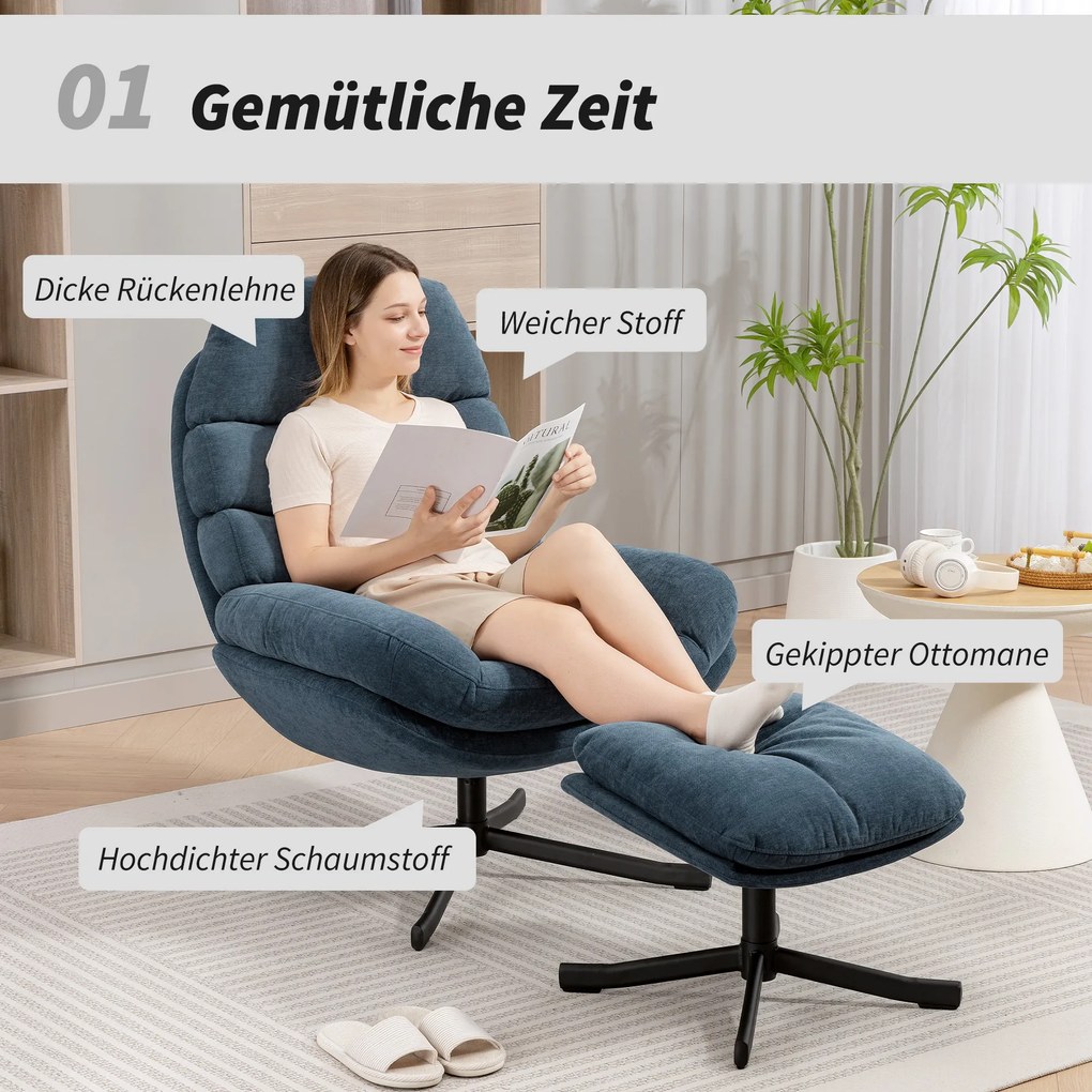 HOMCOM Relaxační křeslo s podnožkou, křeslo, lounge křeslo s čalouněním z chenille, moderní televizní křeslo, 78 x 93 x 100 cm, modrá