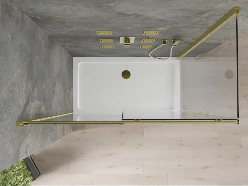 Mexen Omega posuvný sprchový kout 140 x 70 cm, 8mm sklo, zlatý profil-čiré sklo + slim sprchová vanička 5cm, 825-140-070-50-00-4010