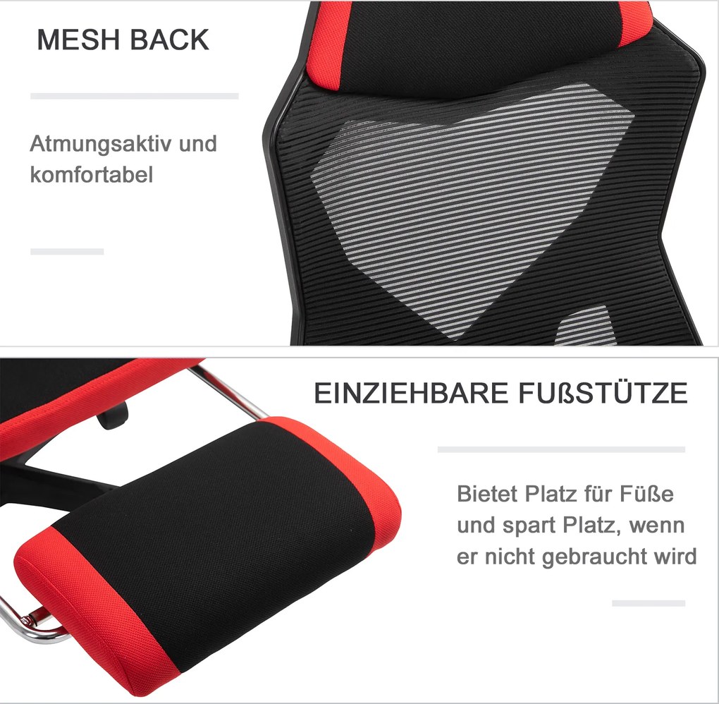 Herní židle Vinsetto Ergonomická kancelářská židle s výškově nastavitelnou podnožkou polyester černá červená 58 x 72 x 112-122 cm pro kancelář a hran…