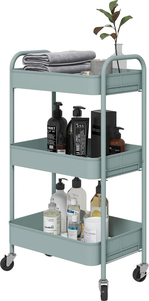HOMCOM Skladovací vozík na kolečkách se 3 košíky a ocelovým rámem pro obývací pokoj, ložnici, kancelář a kuchyň 45x30x79 cm Světle modrá