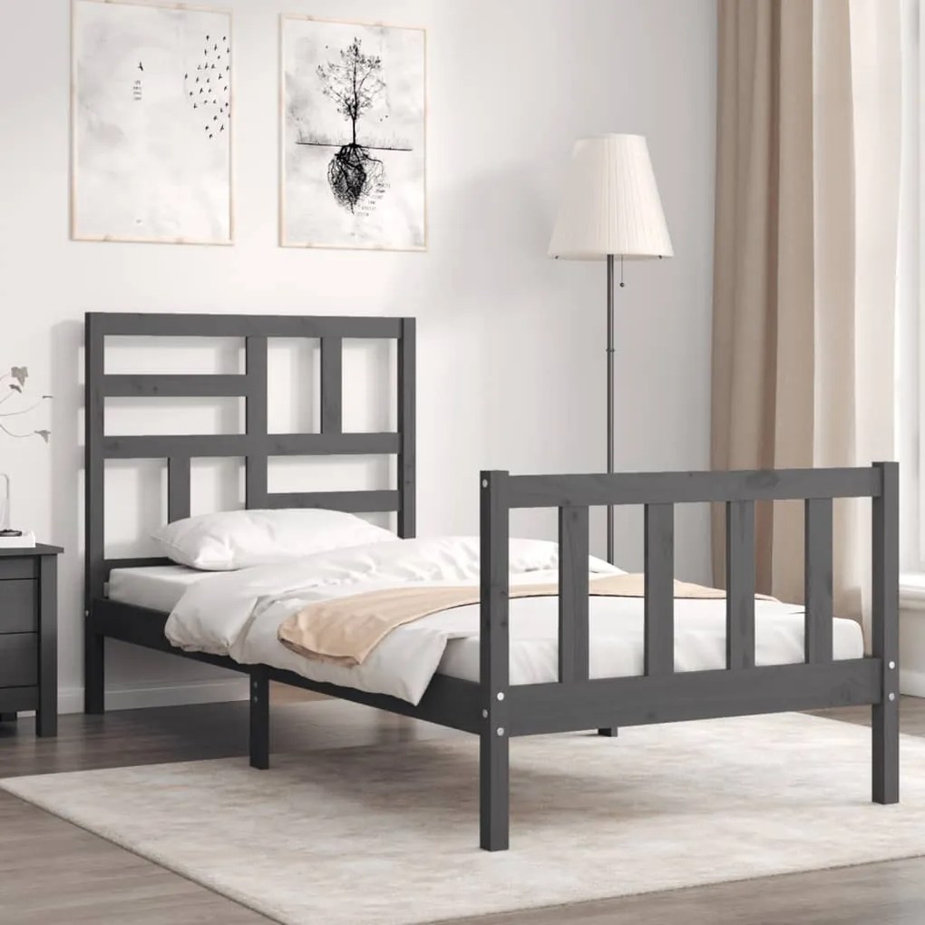 Rám postele s čelem šedý 100 x 200 cm masivní dřevo,  3193068