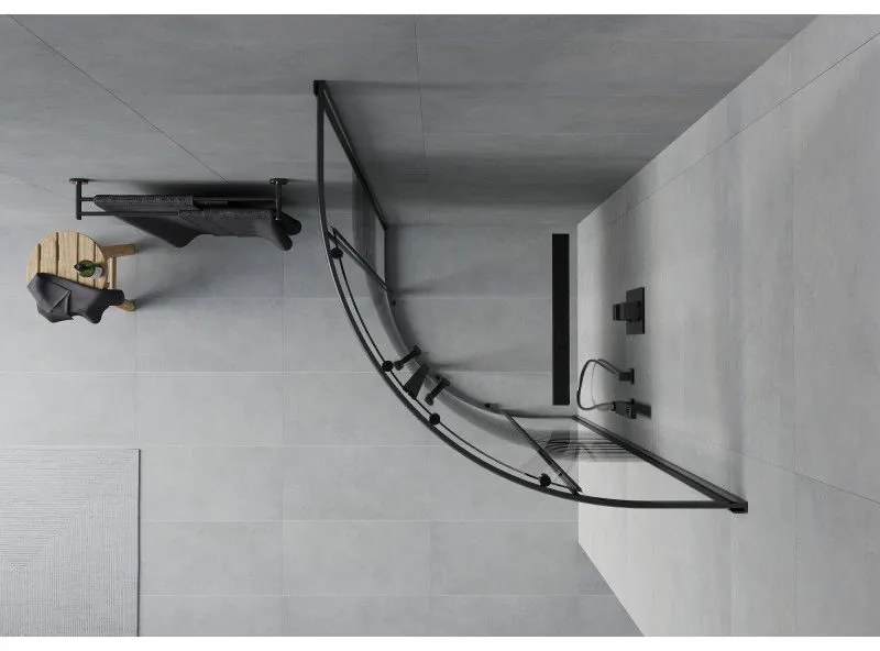 Mexen Rio, čtvrtkruhový sprchový kout s posuvnými dveřmi 80 (dveře) x 80 (dveře) x 190 cm, 5mm čiré sklo s pásky, černý profil, 863-080-080-70-20