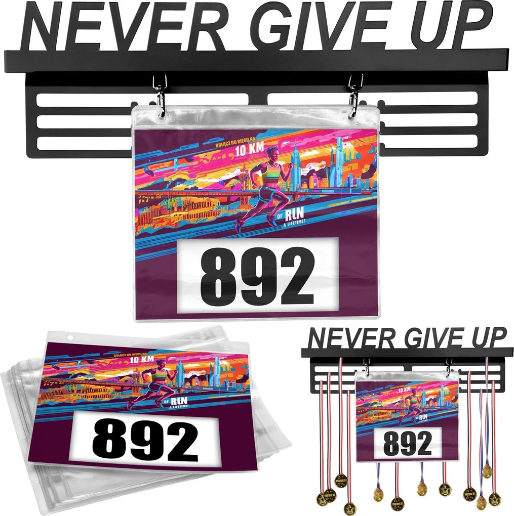 Kovový věšák na medaile a startovní čísla NEVER GIVE UP - černý