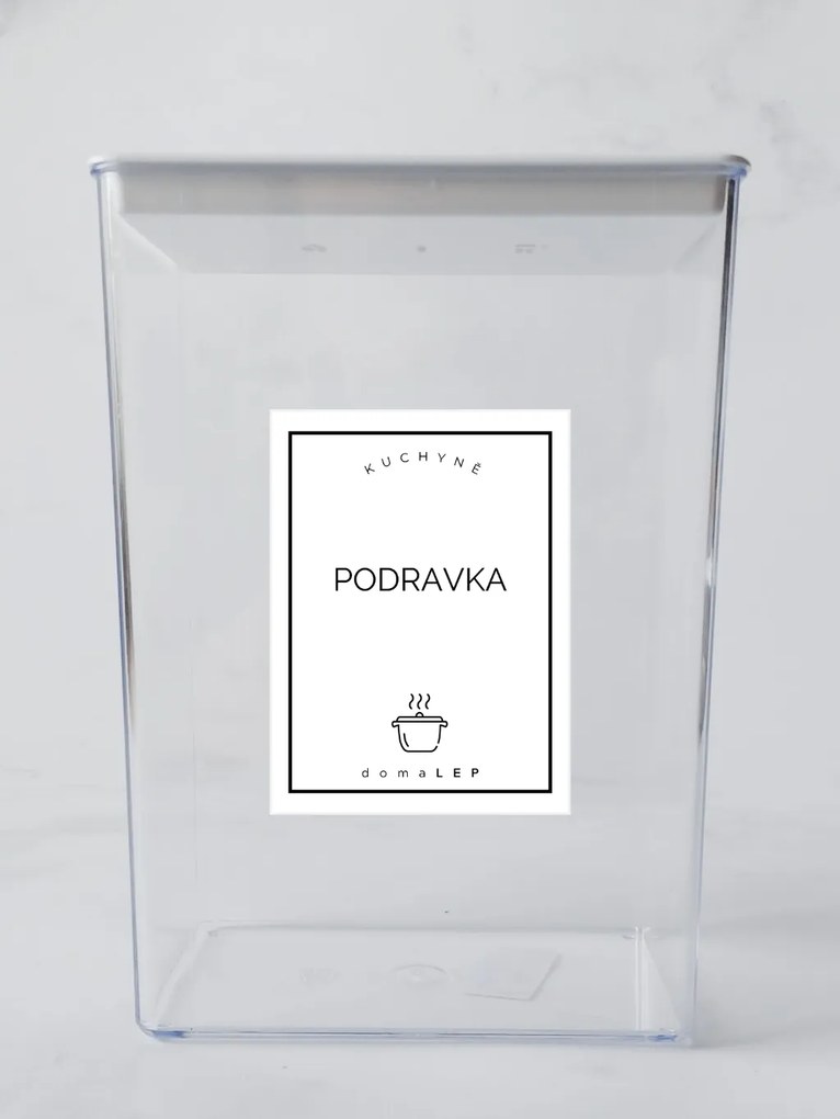 PODRAVKA – bílá samolepka na dózu, základní písmo, 6 x 8 cm | DomaLEP