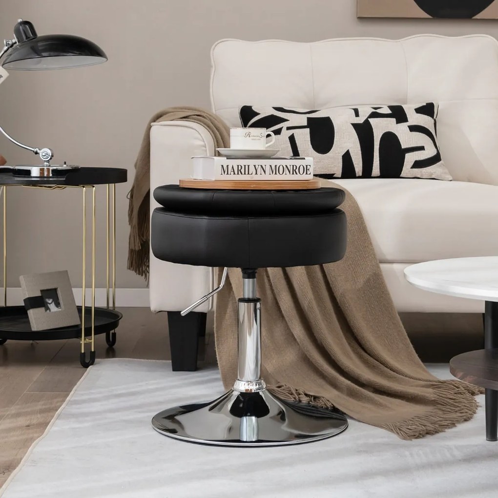Costway Stolička na make-up s úložným prostorem otočná o 360° z umělé kůže černé