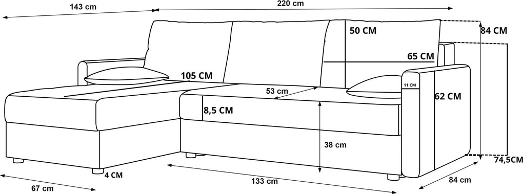 Rozkládací oboustranná sedací souprava do L VENORIA 220x143 cm, pudrově růžová + 2 polštářky ZDARMA