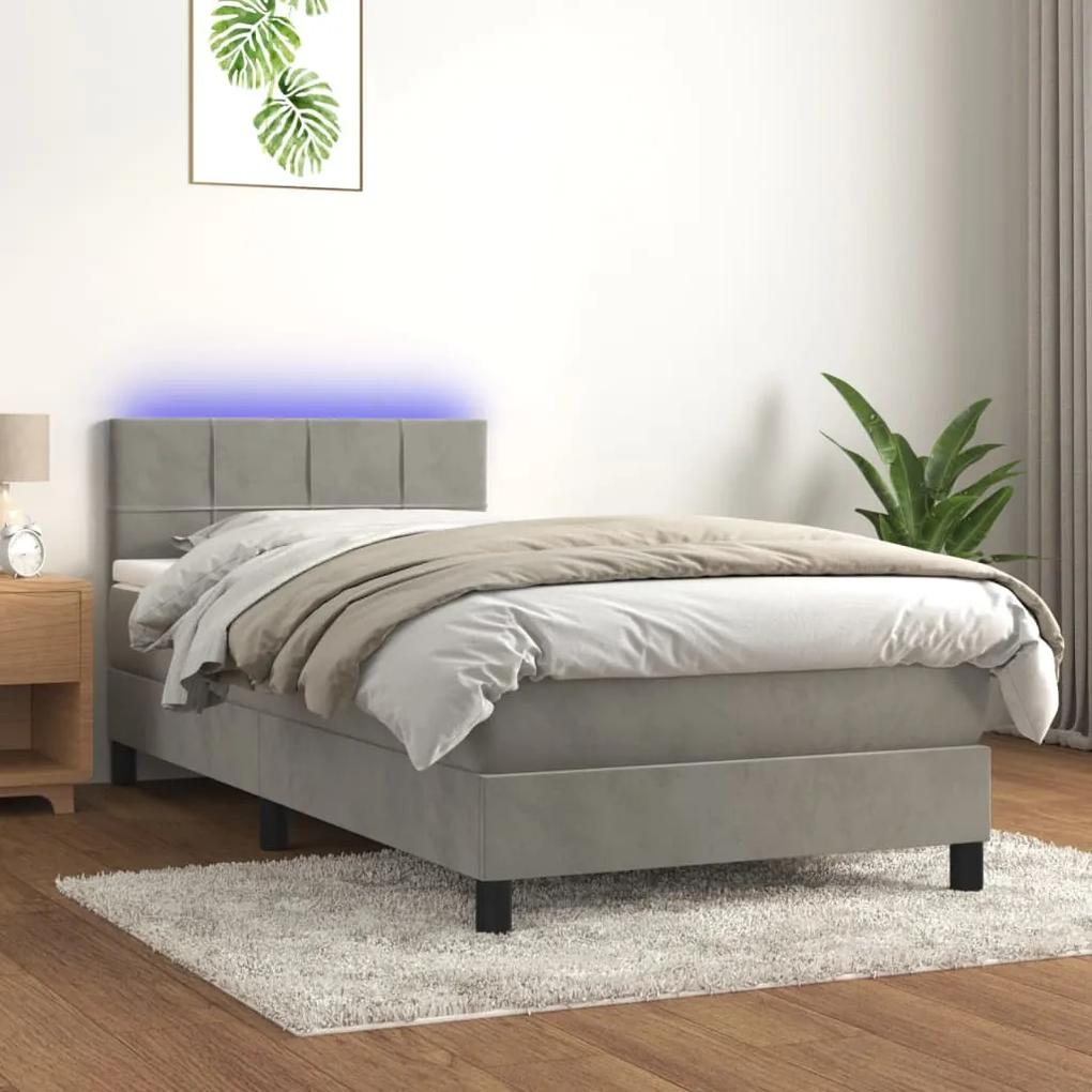 Box spring postel s matrací a LED světle šedá 90x200 cm samet,  3134381