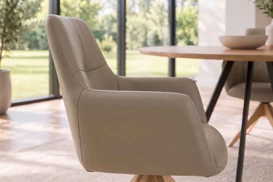 Designová otočná židle Devassy taupe kůže / dub