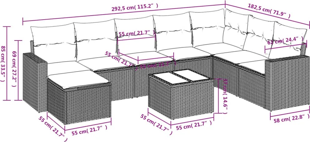 9dílná zahradní sedací souprava s poduškami hnědá polyratan 3251710
