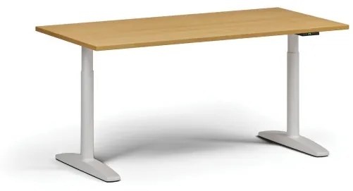 Výškově nastavitelný stůl OBOL, elektrický, 675-1325 mm, deska 1600x800 mm, bílá zaoblená podnož, buk