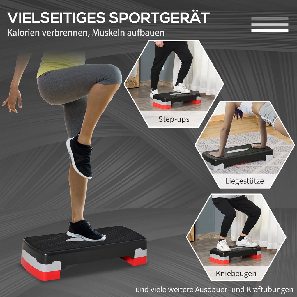 HOMCOM Stepping Board Aerobic Fitness s nastavitelnou výškou (10/20 cm), cvičební kolo Stepper, černá+šedá+červená, 68x28x15cm| Aosom