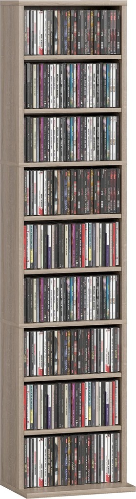 HOMCOM Police na CD a DVD s nastavitelnými policemi, úzký design s bezpečnostní funkcí proti převržení pro 260 CD, 33x24x140 cm, přírodní dřevo