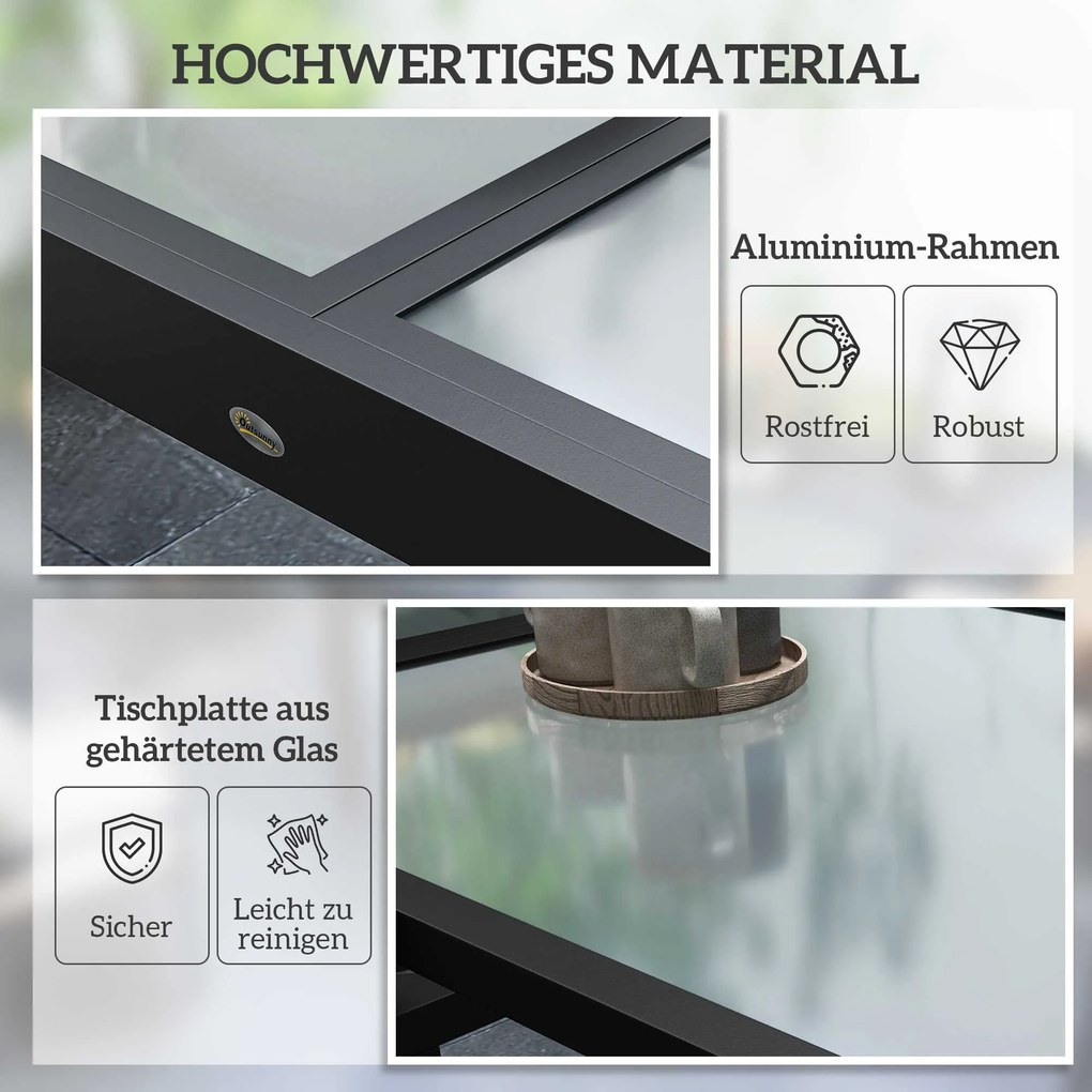 Outsunny Velký Rozšiřitelný Zahradní Stůl rozložené rozměry 160D x 80Š x 75V cm Tmavě Šedý Hliníkový Stůl s Temperovaným Sklem Transparentní