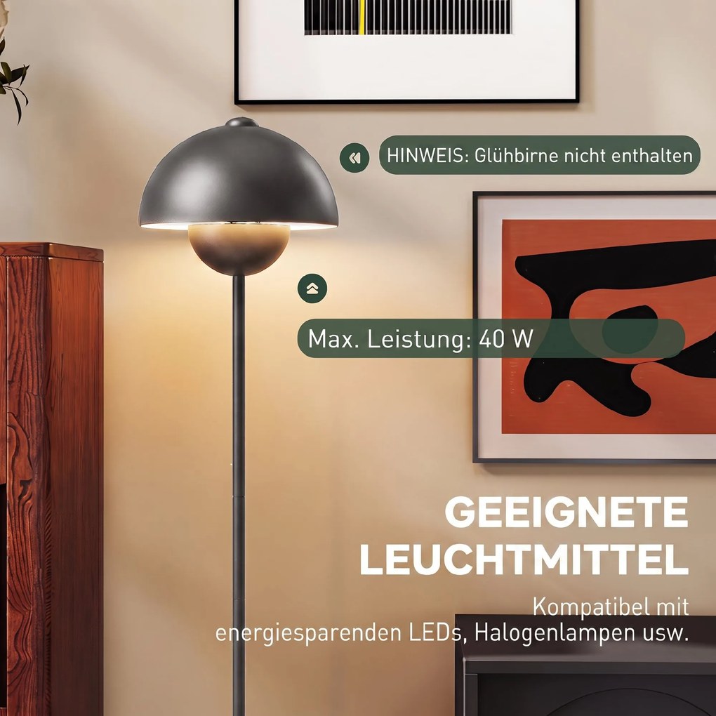 HOMCOM Stolní lampa, kulaté stínidlo, nožní spínač, dlouhý kabel, elegantní vzhled, kov, šedá