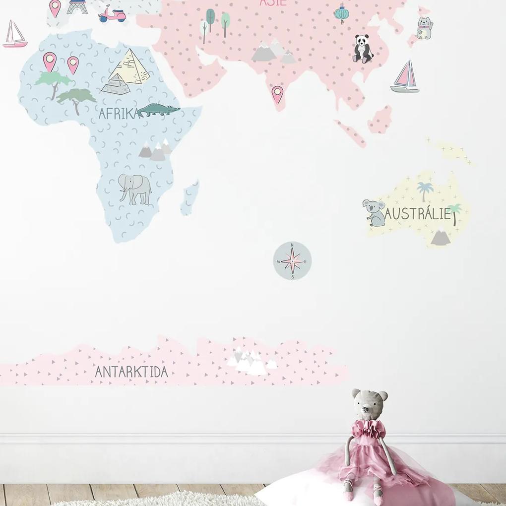 Pastelowe Love Dětské nástěnné samolepky MAPA SVĚTA růžové Zvolte rozměr: M, Zvolte jazyk: Anglický