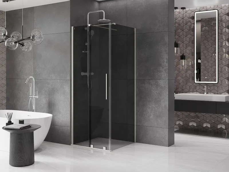 Mexen Velar, sprchový kout s posuvnými dveřmi 90 x 90 cm, 8mm šedé sklo, broušená ocel, 871-090-090-41-97