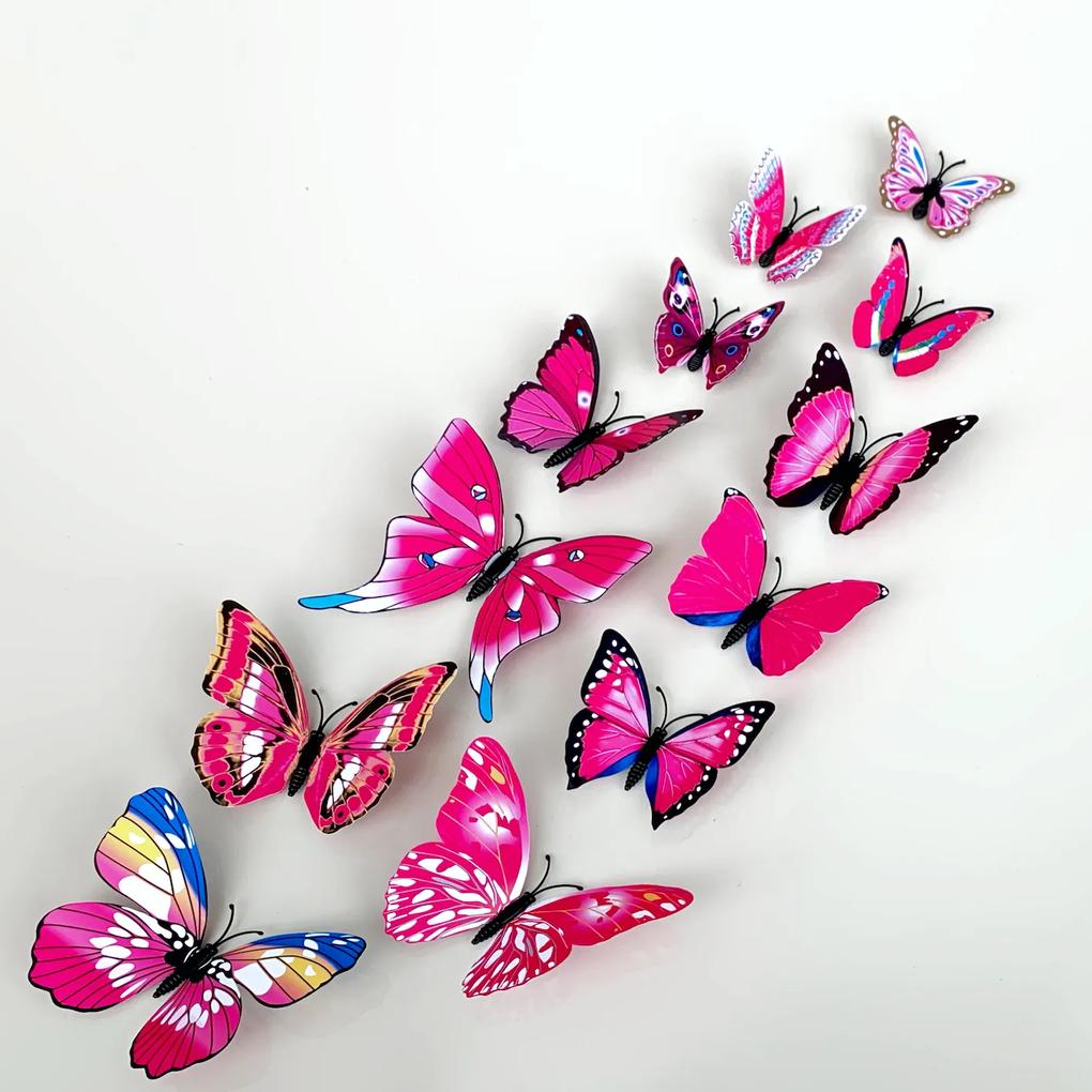 Samolepka na zeď "Realistické plastové 3D Motýli - růžové" 12ks 5-12 cm |  BIANO
