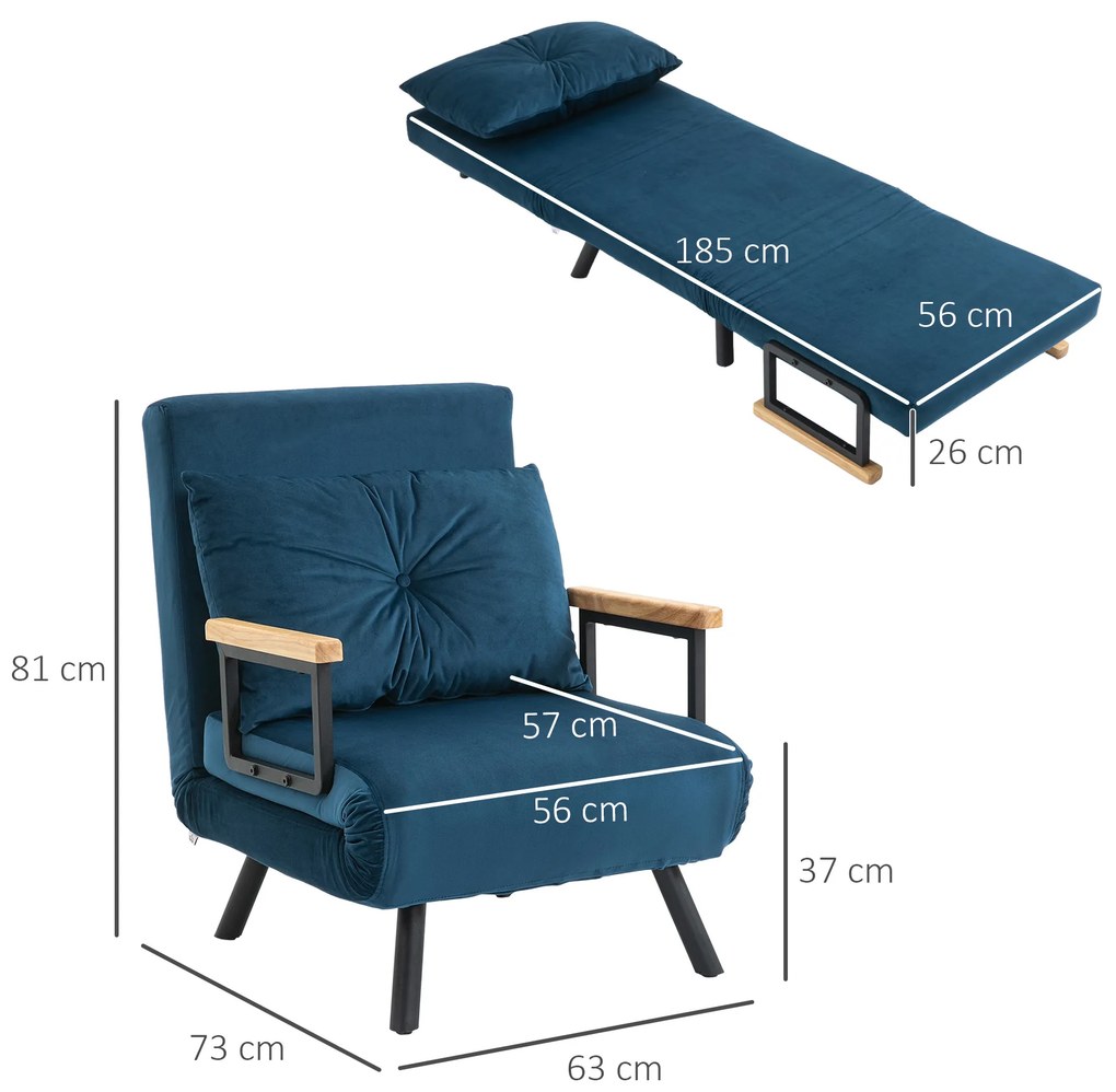 HOMCOM Rozkládací pohovka Relaxační křeslo Funkce postele Postel pro hosty Sametové polštáře Nastavitelné opěradlo Modrá 63x73x81cm