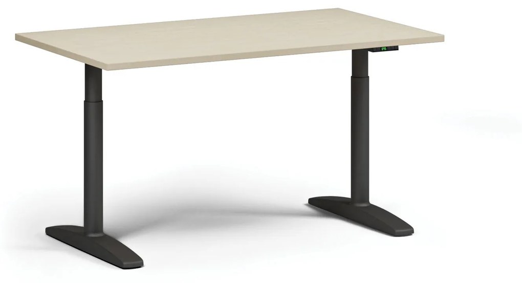 Výškově nastavitelný stůl OBOL, elektrický, 675-1325 mm, deska 1400x800 mm, černá zaoblená podnož, bříza