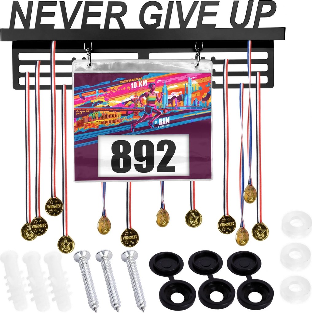 Kovový věšák na medaile a startovní čísla NEVER GIVE UP - černý