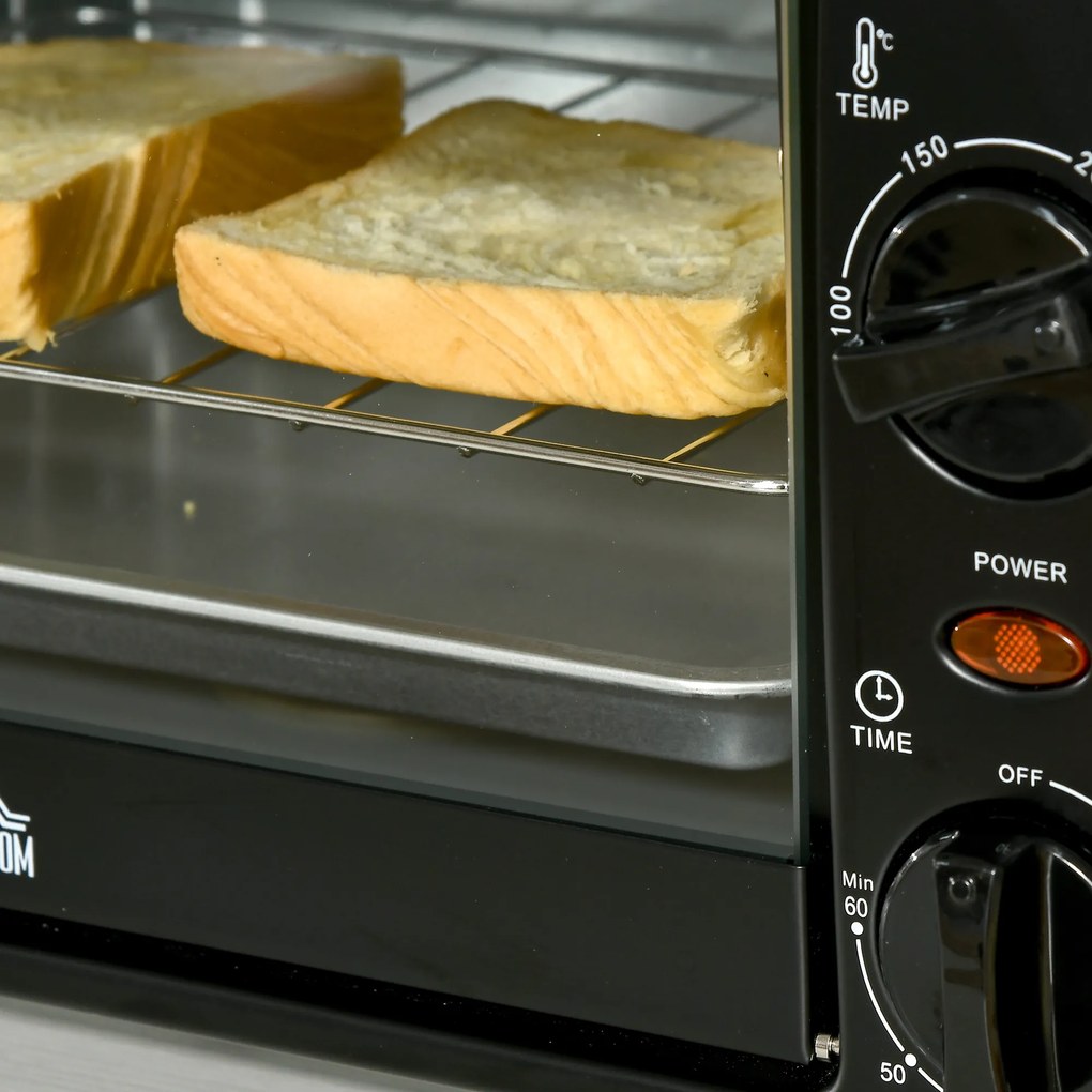 HOMCOM Mini trouba 10L 750W do 230°C s časovačem 60 min malá elektrická trouba včetně plechu a roštu 36,5x26x22 cm černá