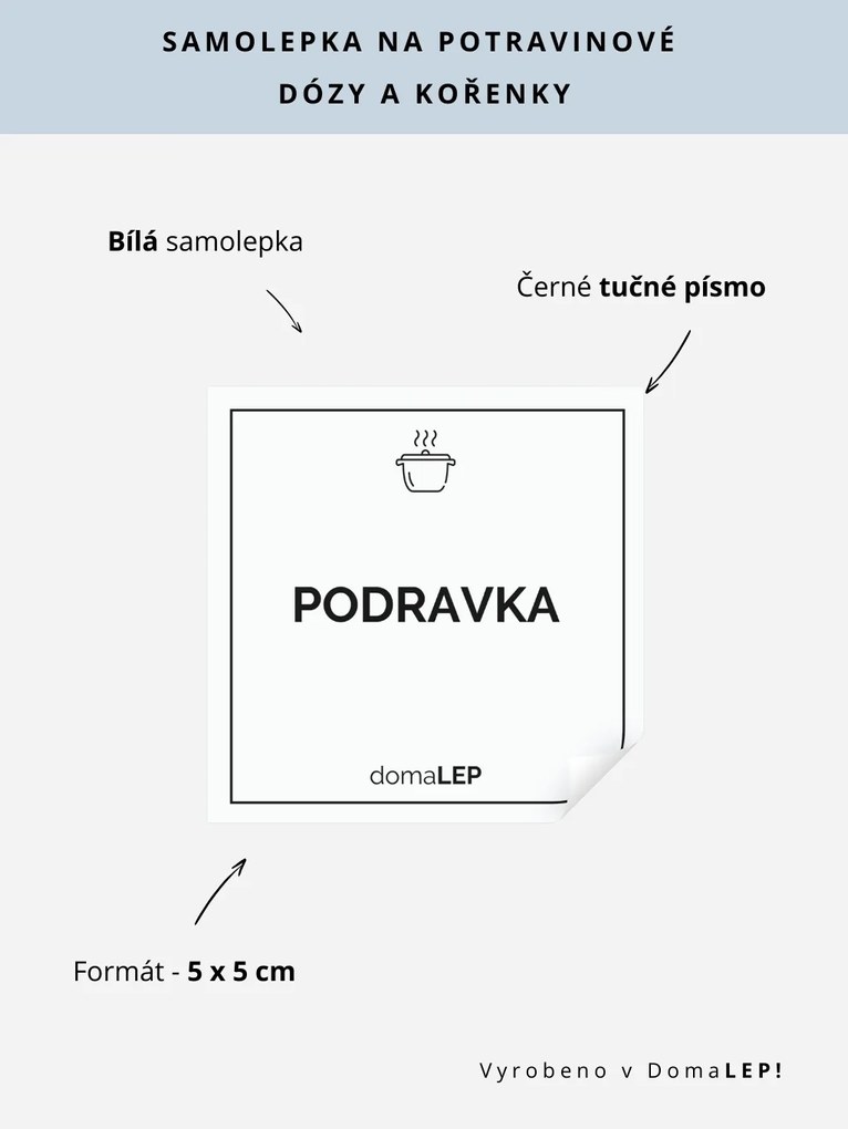 PODRAVKA – bílá samolepka na dózu, tučné písmo, 5 x 5 cm | DomaLEP