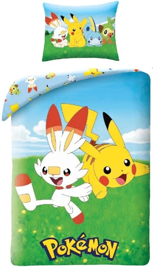 Bavlněné ložní povlečení Pokémoni - motiv Scorbunny a Pikachu - 100% bavlna - 70 x 90 cm + 140 x 200 cm