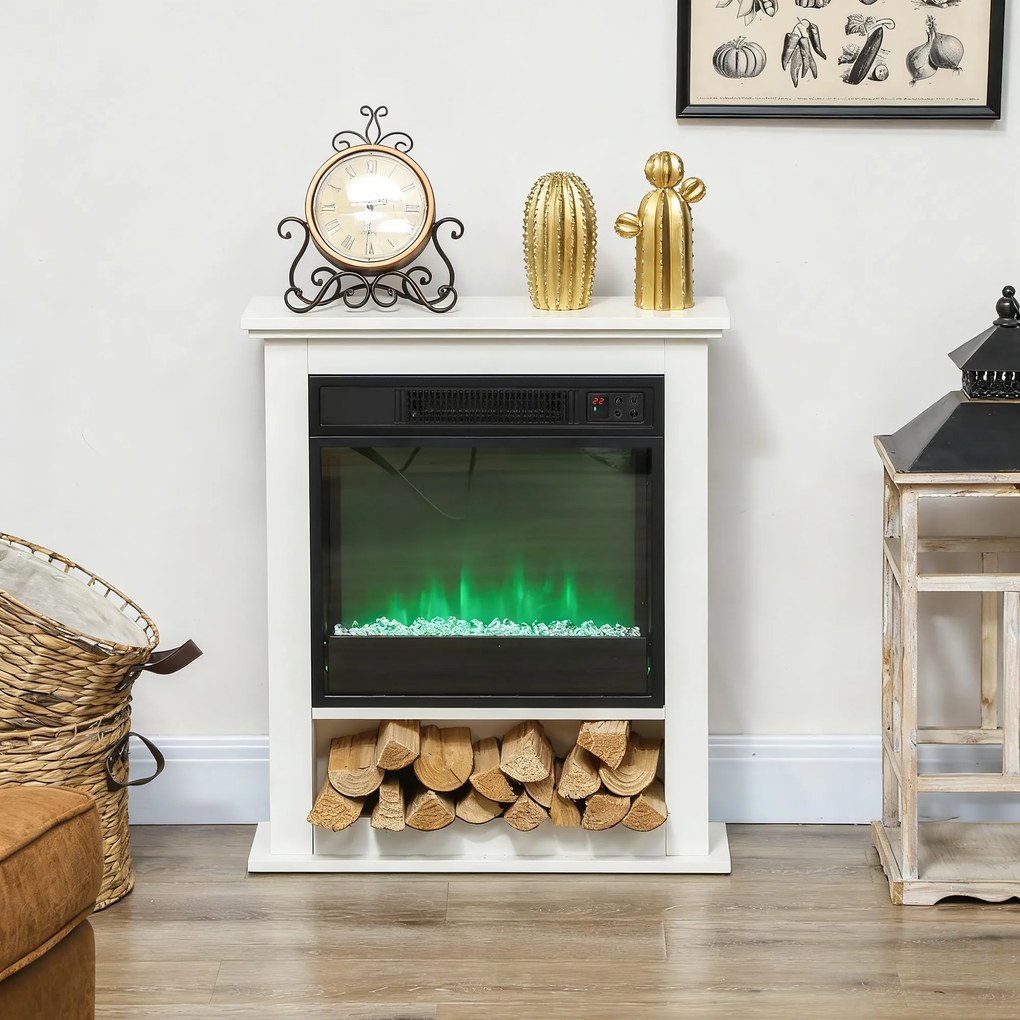 HOMCOM Elektrický krb, realistické plameny se 9 barvami, nastavitelná jasnost, 1800W, dálkové ovládání, časovač, bílá