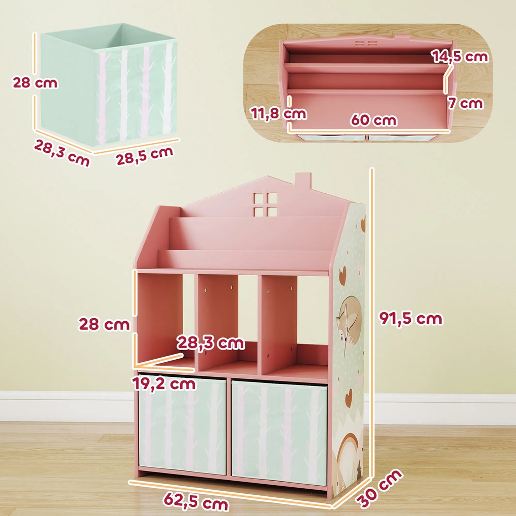 Dětský regál Dětský regál se 2 látkovými zásuvkami otevřený Regál pro 3-8 let 62,5x30x91,5 cm Růžový