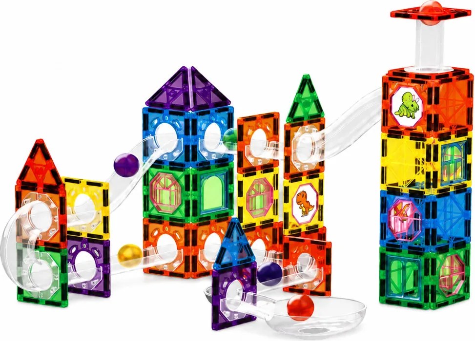 LEAN Toys Magnetické stavební kostky – dráha pro kuličky STEM s motivem dinosaurů, 92 dílů