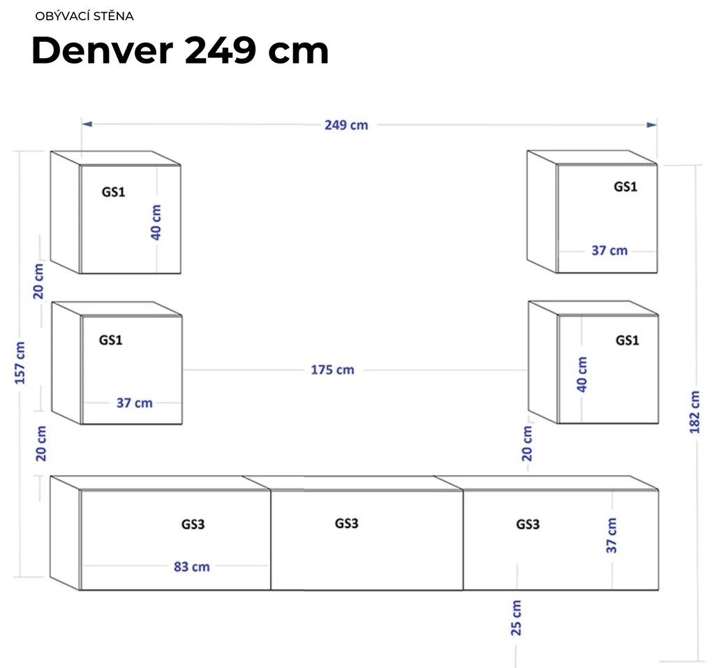 Ral Obývací stěna DENVER 2, 249 cm - Bílý lesk