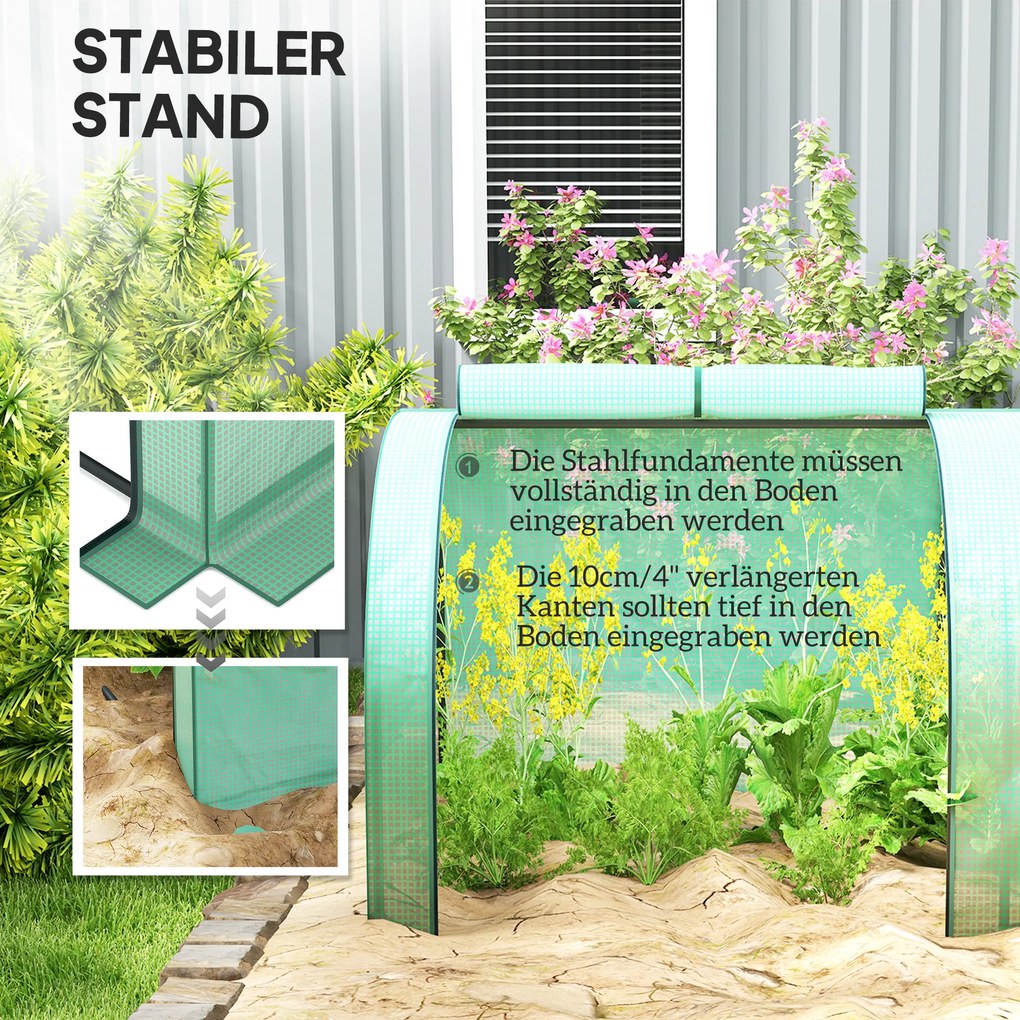 Mini skleník Outsunny - mini tunelový skleník pro pěstování rajčat 4 x 1 x 0,8 m, ocel, vysokohustotní PE 140 g/m², proti UV, 4 dveře s rolovacím zip…