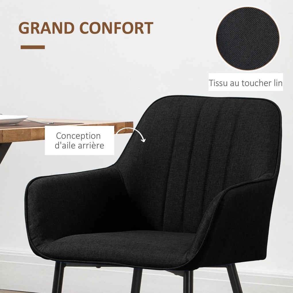 Jídelní židle HOMCOM v severském designu - Sada 2 židlí - Černé zkosené kovové nohy - Ergonomické lněné černé sedáky, opěradla a područky