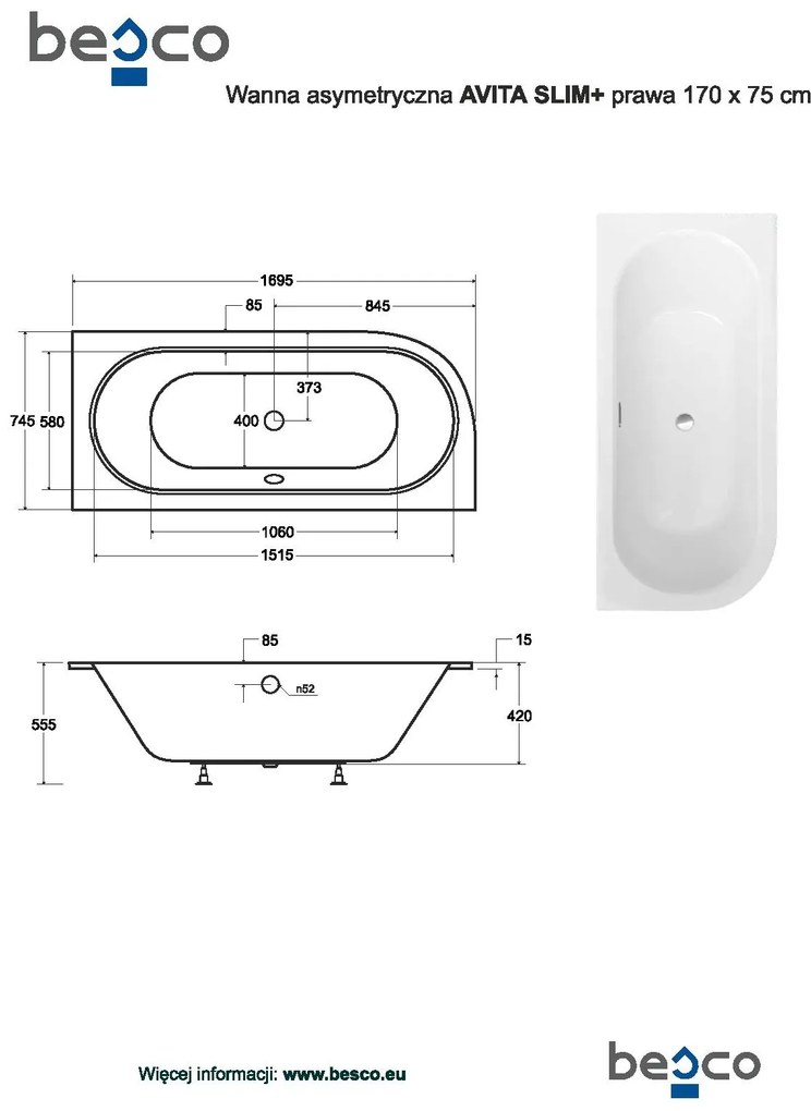 BESCO Asymetrická vana AVITA SLIM+ Nožičky k vaně - Bez nožiček, Rozměr vany - 170 × 75 cm, Způsob provedení - Pravé - VANAVIT17SLIMPP