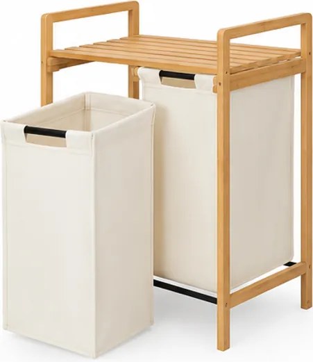koš na prádlo, 2 vaky, 46 l, bambus/látka, 71x63x33 cm, přírodní/krémová, Dekorino KP20260009
