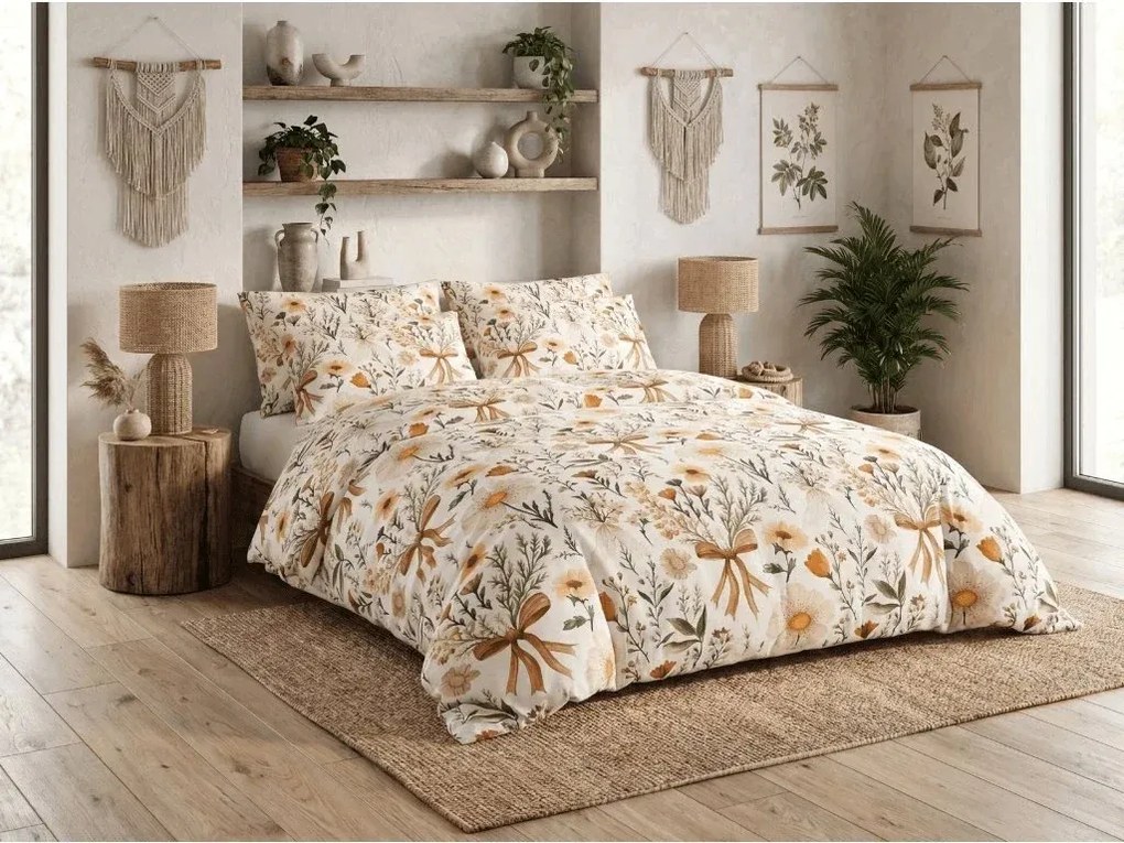 Sada krepového povlečení FLORAL RIBBON POLY barevné + prostěradlo Jersey 180 x 200 cm světle béžové, dvoulůžko