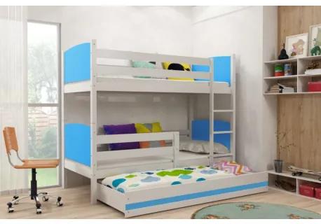 Patrová postel TAMI pro 3 osoby včetně matrací (Bílá + Modrá)