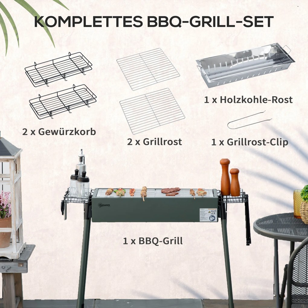 Outsunny Surový Gril z Nerezové Oceli BBQ Kouřák s Grilovací Mřížkou, Zahradní Gril pro BBQ Kempování, Terasu, Zahradu 94 x 39 x 70 cm