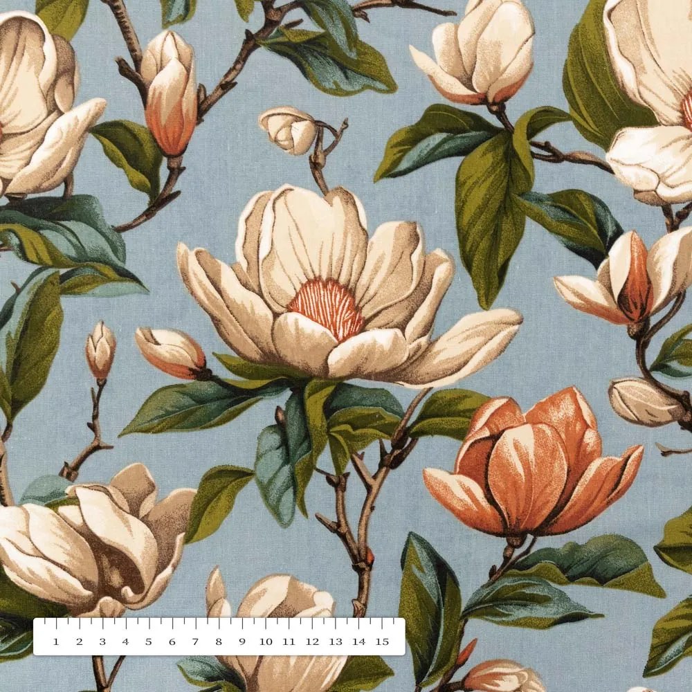 Biante Bavlněný běhoun na stůl Sandra SA-545 Květy magnolie na šedomodrém 45x140 cm