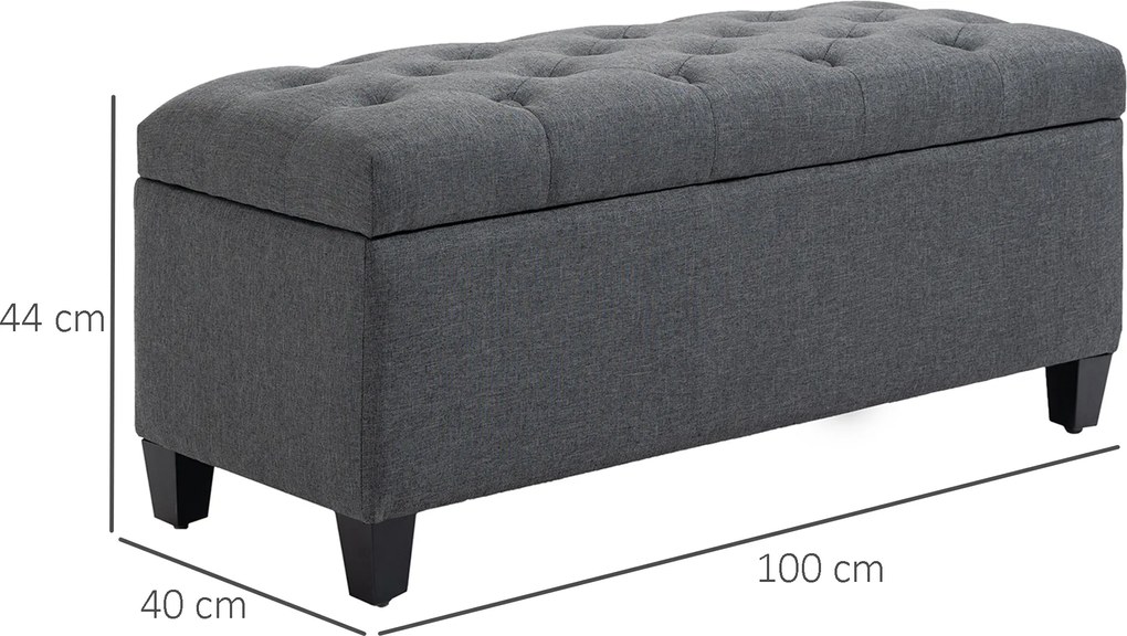 HOMCOM Lavice čalouněná s úložným prostorem 100 x 40 x 44 cm, truhlicová lavice z polyesteru připomínajícího len a kaučukového dřeva v tmavě šedé bar…