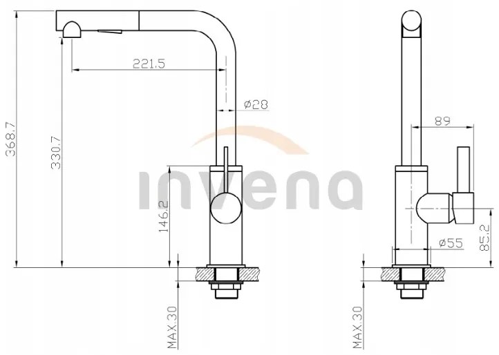 Invena Proto, stojánková dřezová baterie s výsuvnou výlevkou, černá matná, BZ-48-W04-L