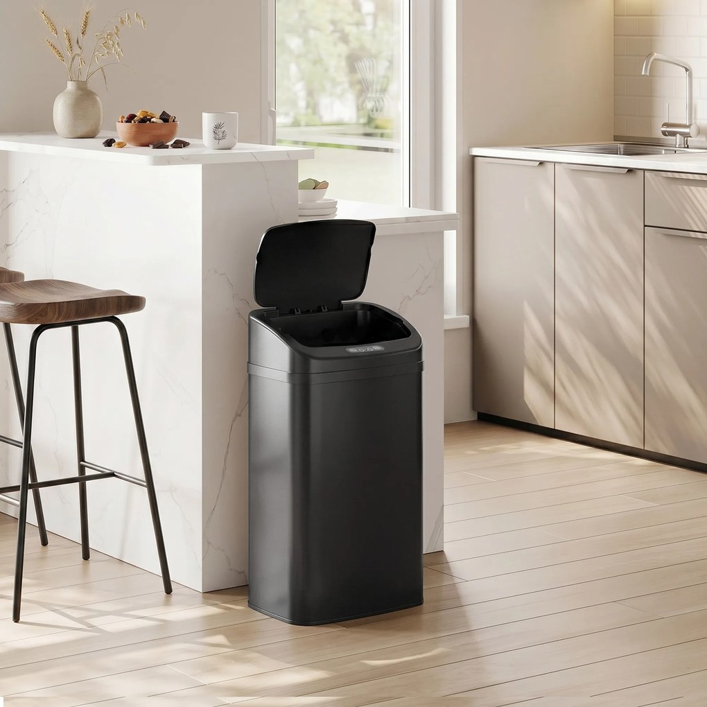 HOMCOM 48l senzorem řízený odpadkový koš pro kuchyň nebo kancelář, automatická uzavírací funkce, nerezová ocel, černý