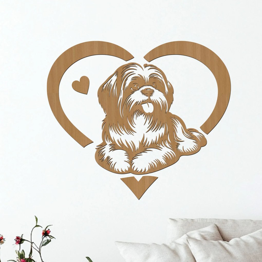 dřevo života Dřevěný obraz ležícího SHIH TZU v srdci Zvolte rozměr (cm): 60x52, Zvolte barvu dekoru: Buk